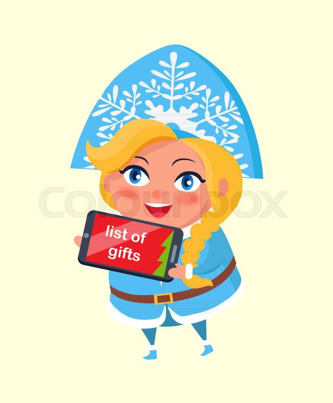 List of gifts in digital tablet, snow maiden taking order on | Colourbox