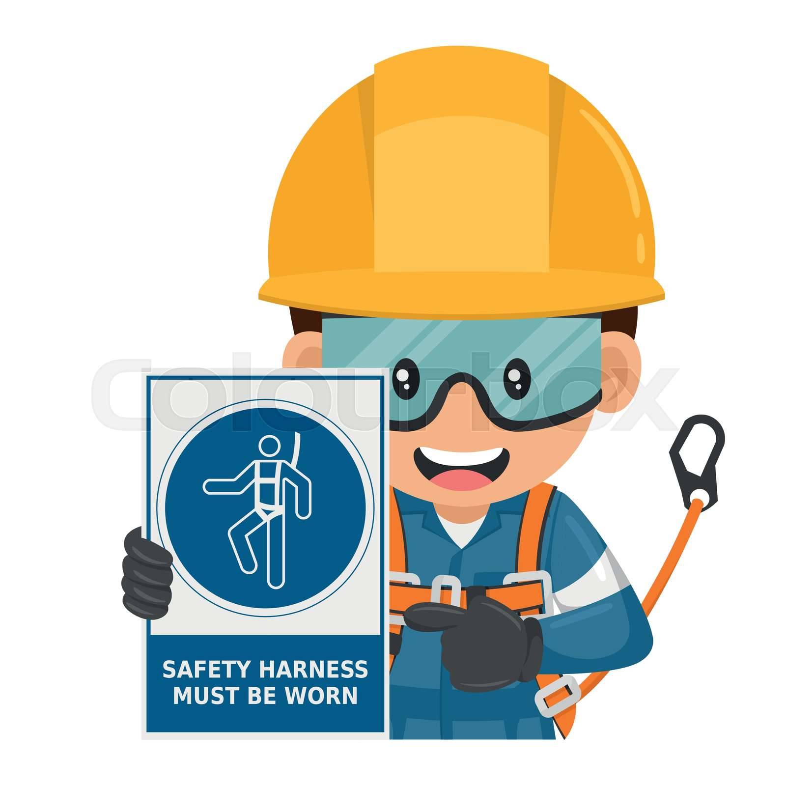 Industrial worker with safety harness mandatory use warning | Colourbox